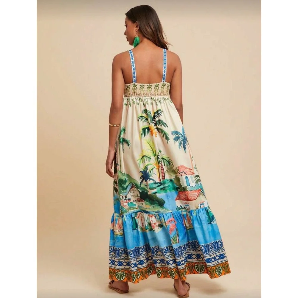 Dresses | Tropical Scenic Print Maxi Dress Palm Tree Coastal Resort ...